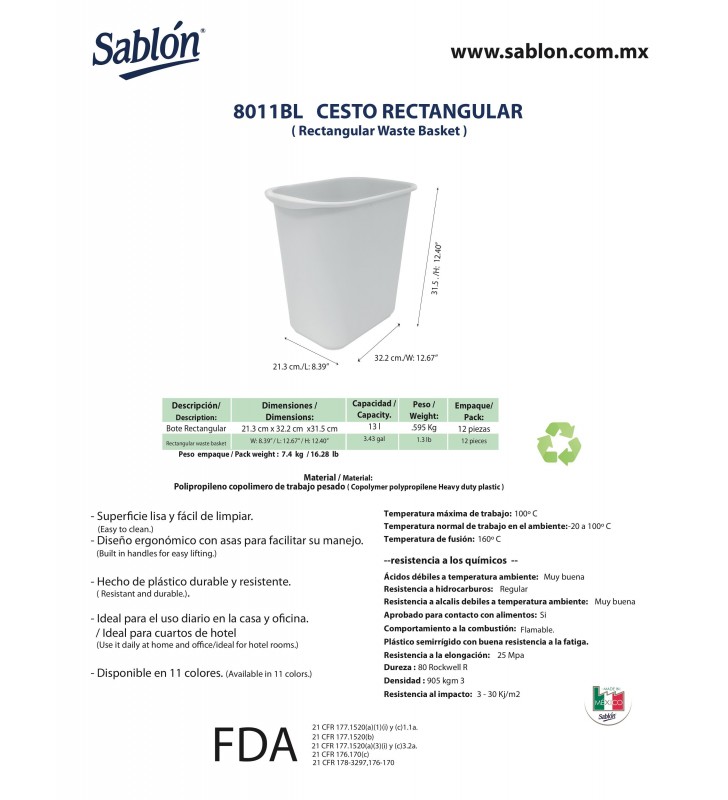 CESTO RECTANGULAR 13 LITROS BLANCO 8011BL