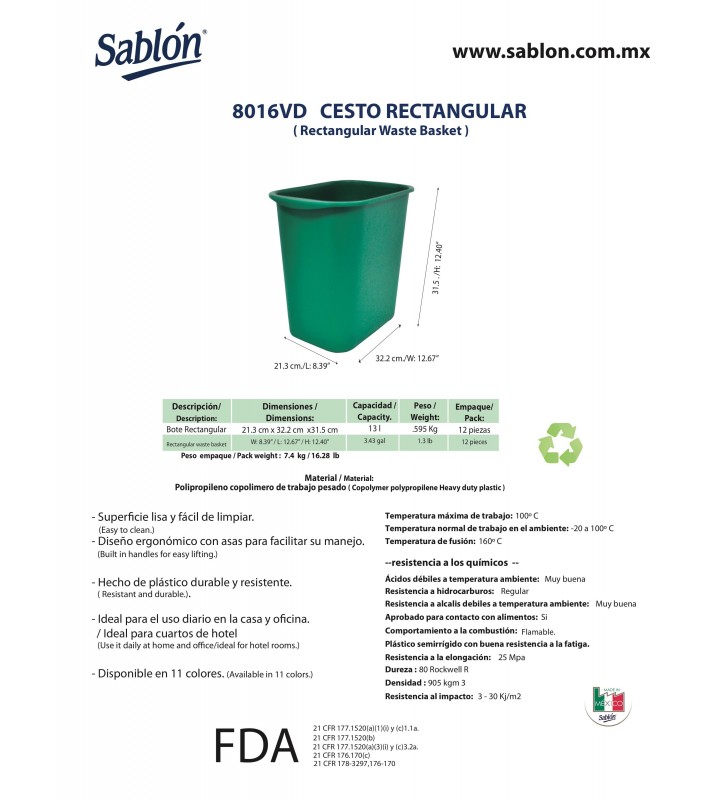 CESTO RECTANGULAR 13 LITROS VERDE 8016VD