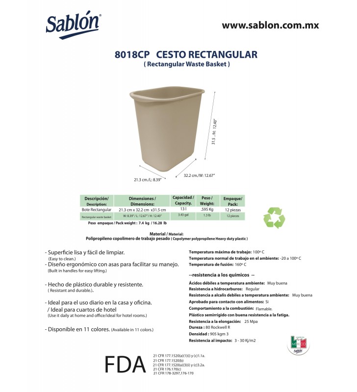 CESTO RECTANGULAR 13 LITROS CAPUCHINO 8018CP
