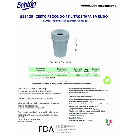 BOTE REDONDO 45 LITROS CON TAPA EMBUDO GRIS 8384GR